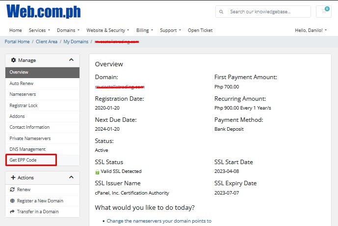 How Can I Get The Epp Code Of My Domaintld Knowledgebase Webcomph Inc